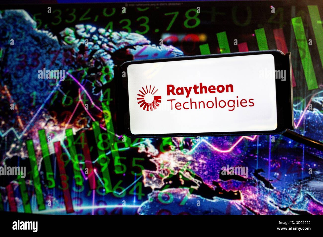In this photo illustration, the Raytheon Technologies logo is seen ...