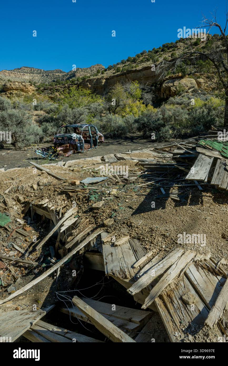 View of the remains of a building in the former coal mining town, the ...