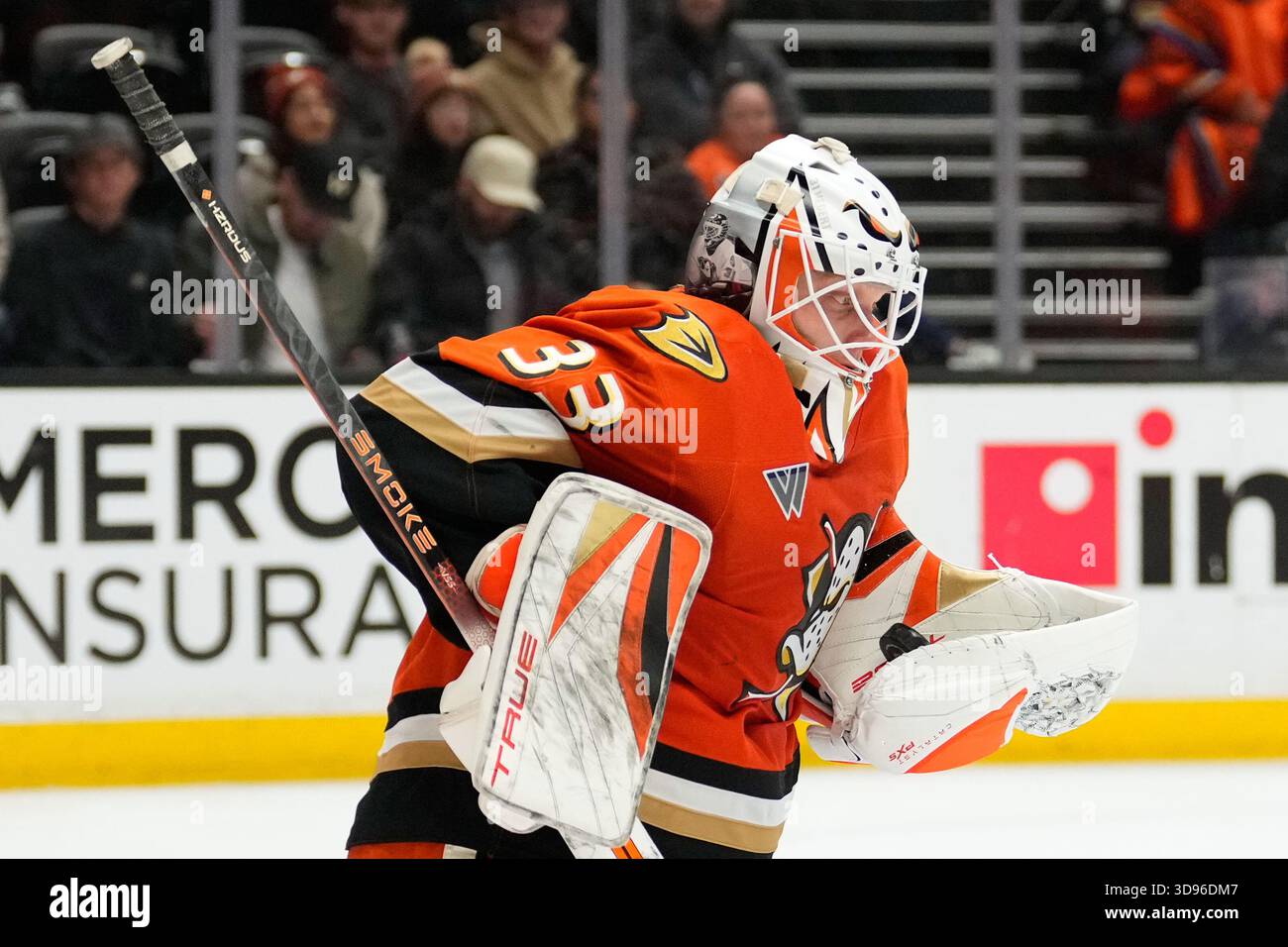 Anaheim Ducks goaltender Ville Husso makes a glove save during the ...