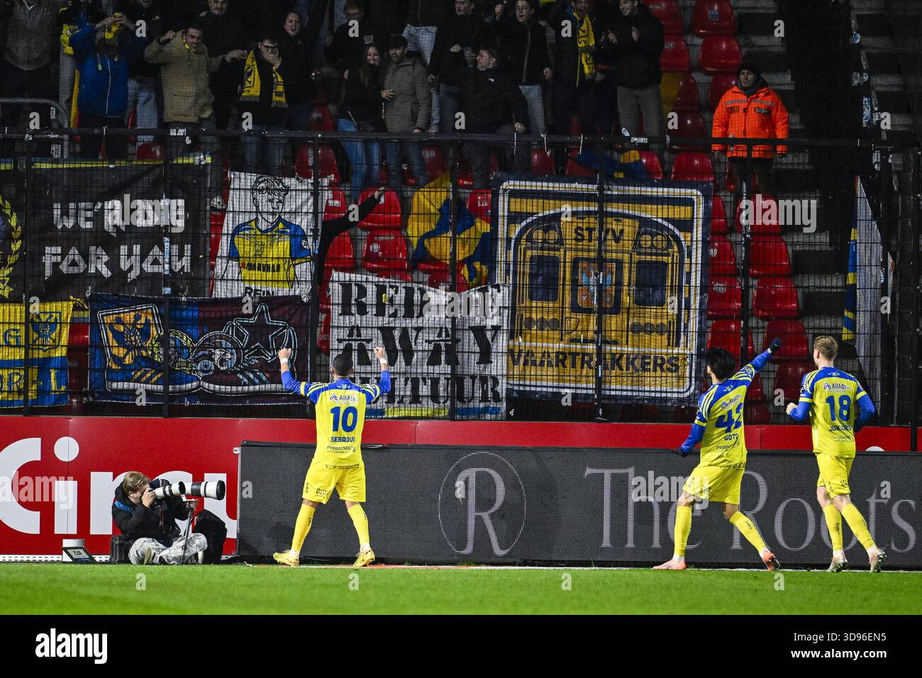 STVV's Ilias Sebaoui celebrates after scoring during a soccer game ...