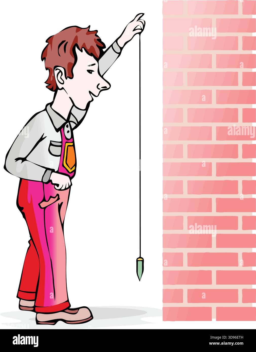 a worker in a shirt and pants, using a Plumb Bob tool to check the ...