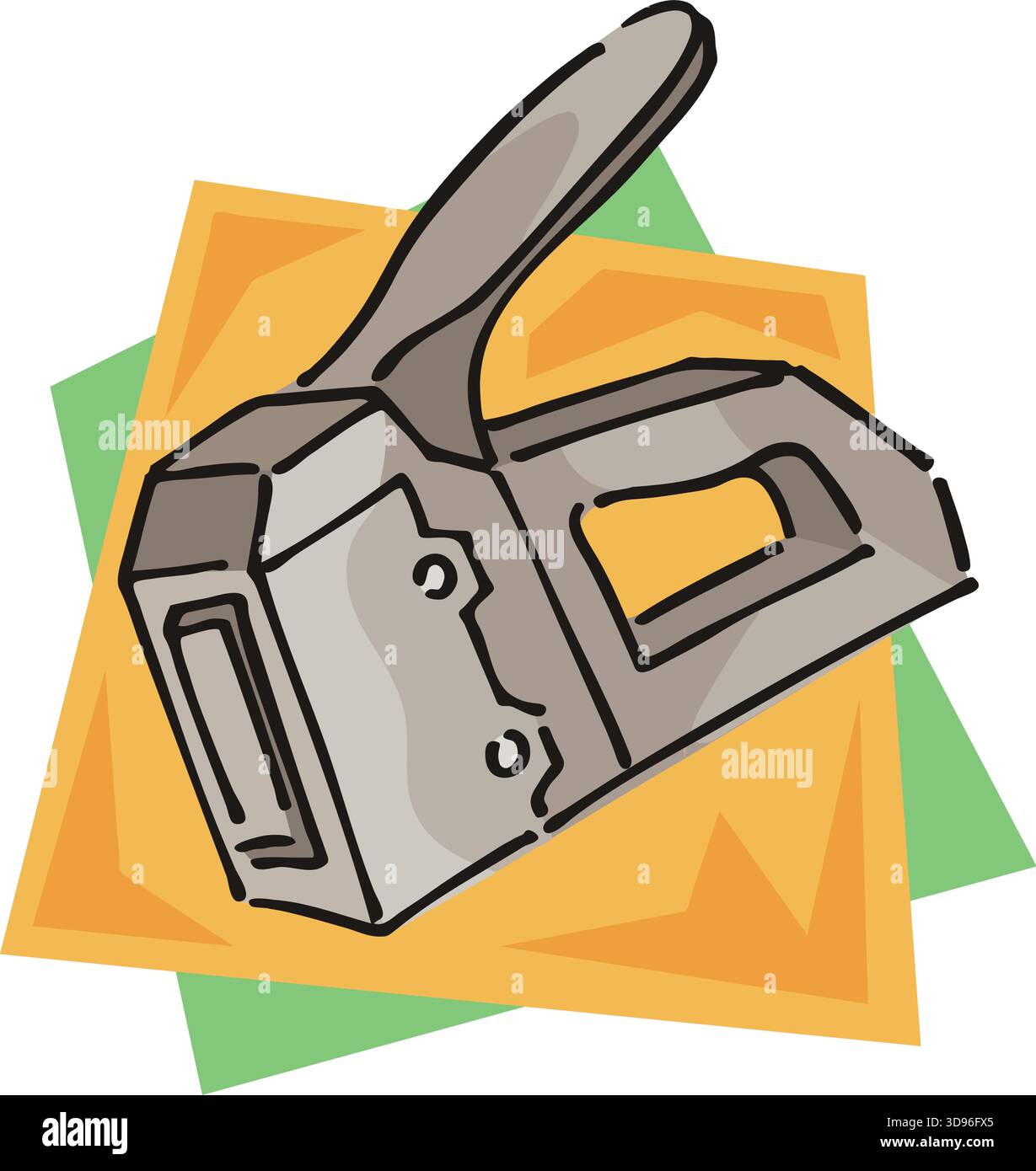 An illustration of a gray stapler, set against a layered background of ...