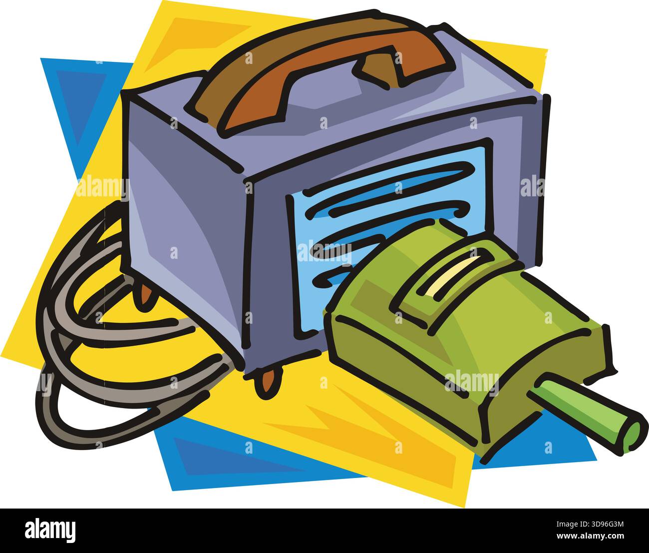 An illustration of a welding machine with a gray body, brown handle ...