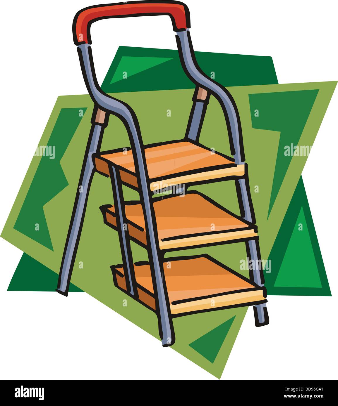 An illustration of a step ladder with a gray frame, wooden steps, and a ...