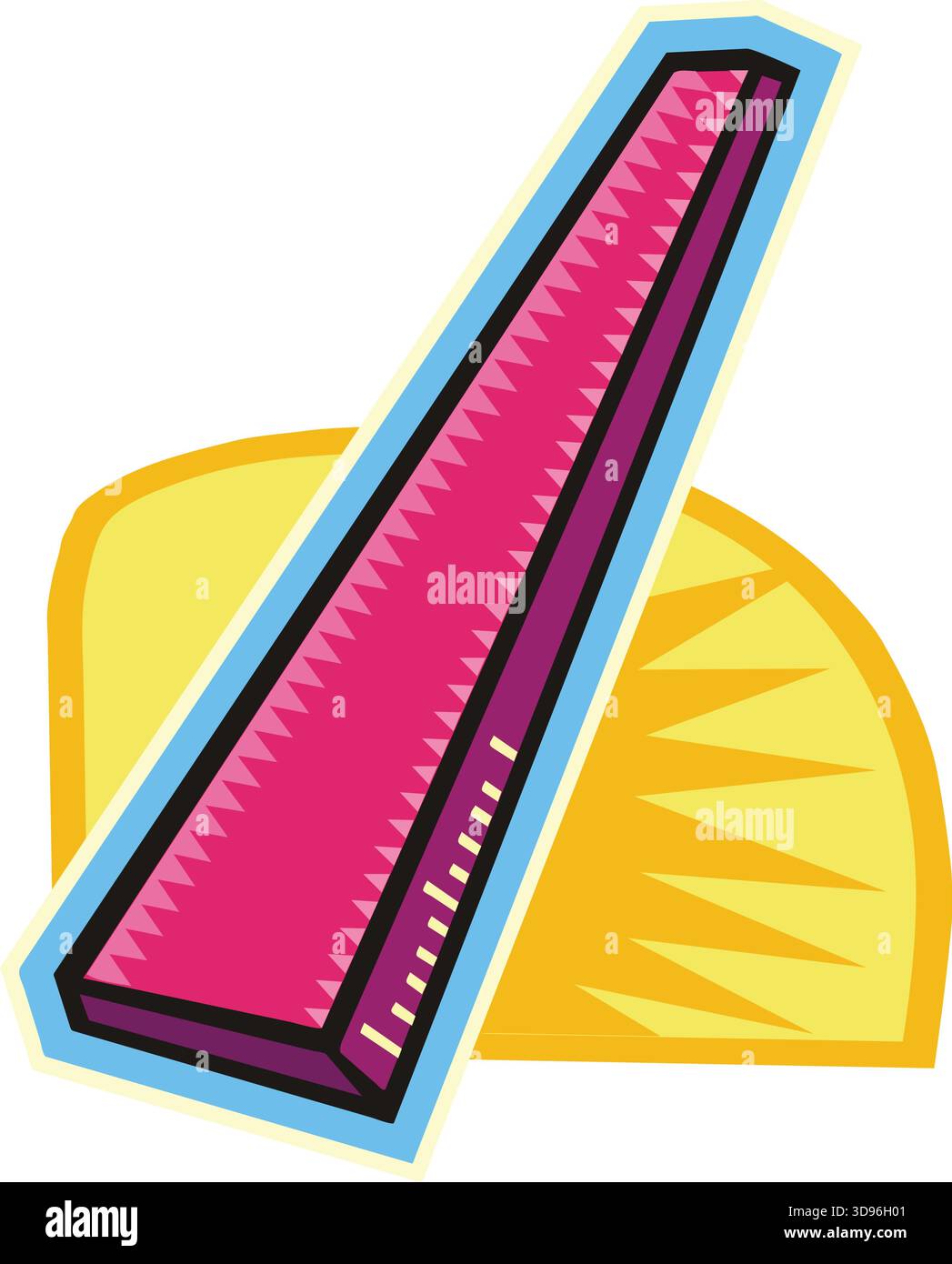 An illustration of a ruler with a pink body and blue handle in a ...