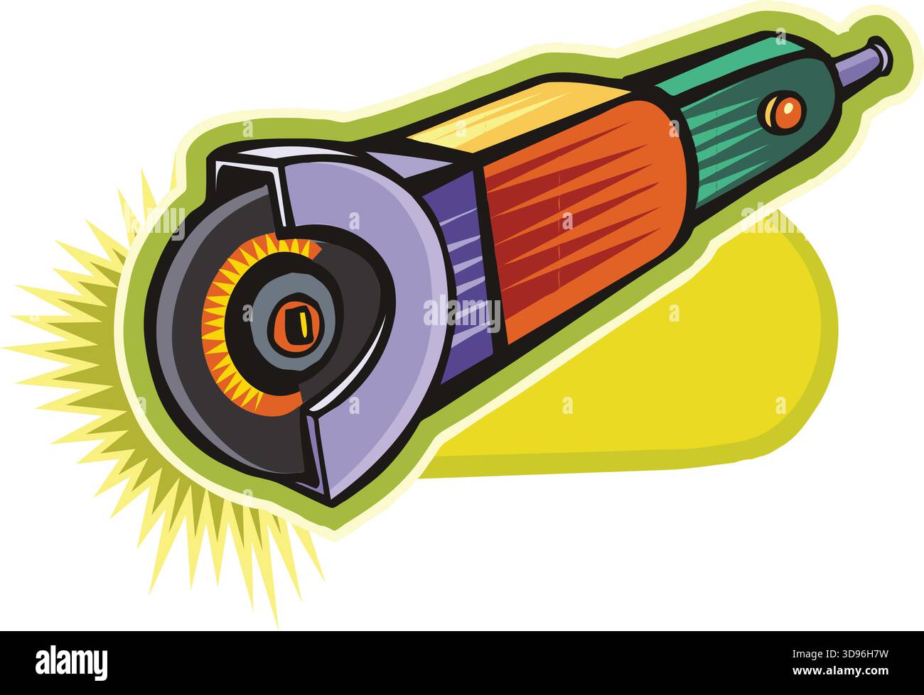 An illustration of an angle grinder with a green handle, orange body ...