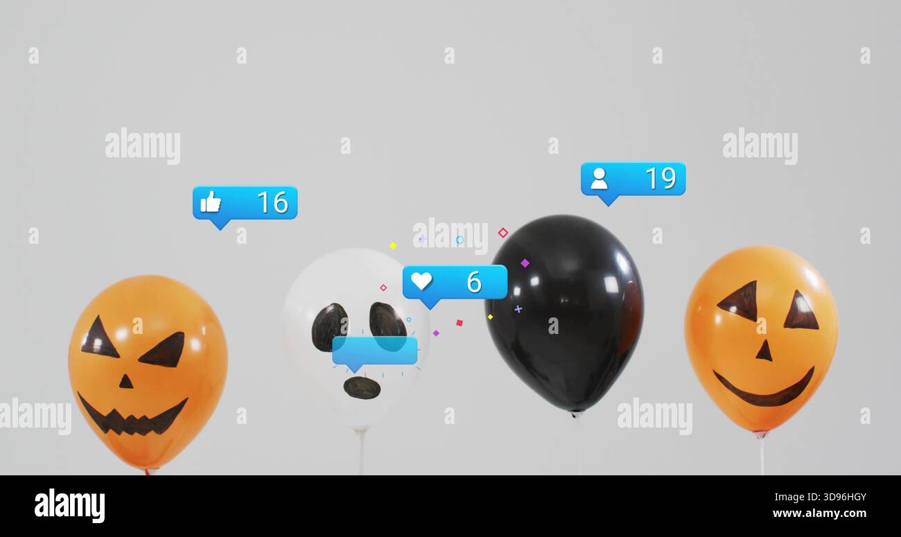 Floating pumpkin, ghost and black balloons drifting across gray ...