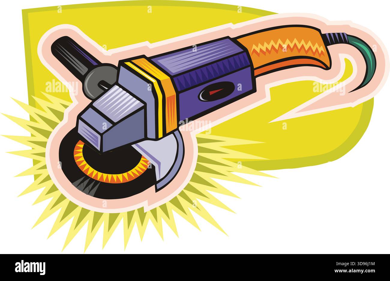 An illustration of an angle grinder with an orange handle and purple ...