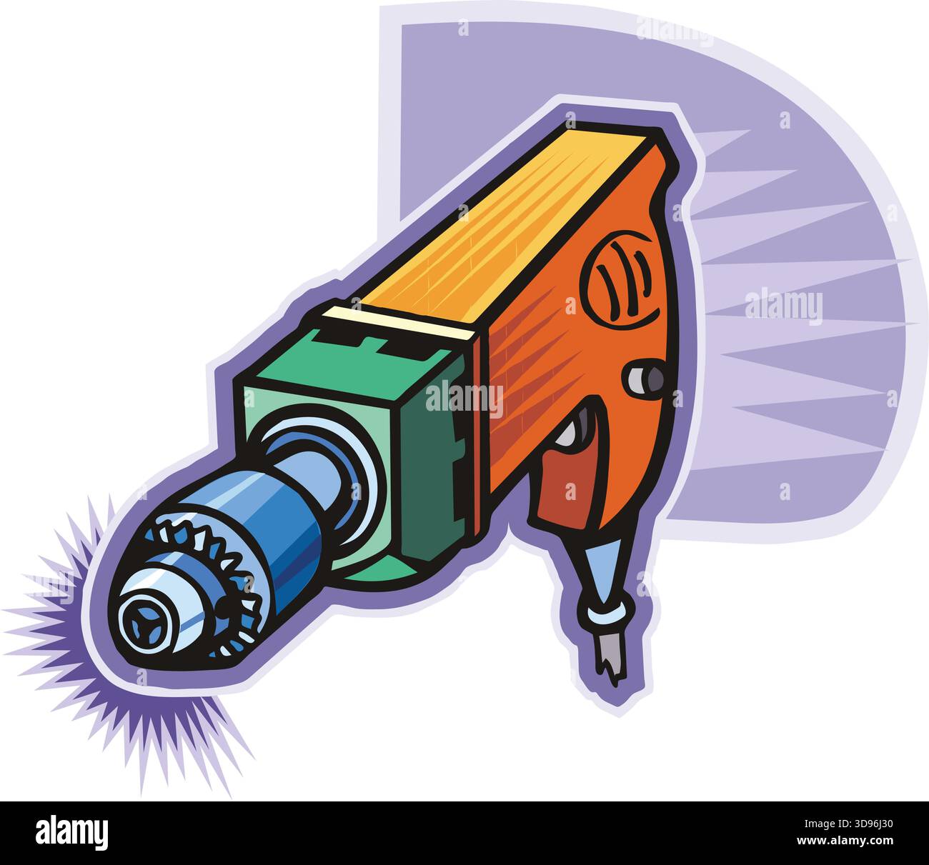 An illustration of a power drill with an orange handle and green body ...