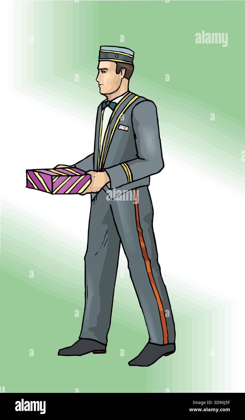 An illustration of a bellhop in a uniform with a cap, carrying a ...