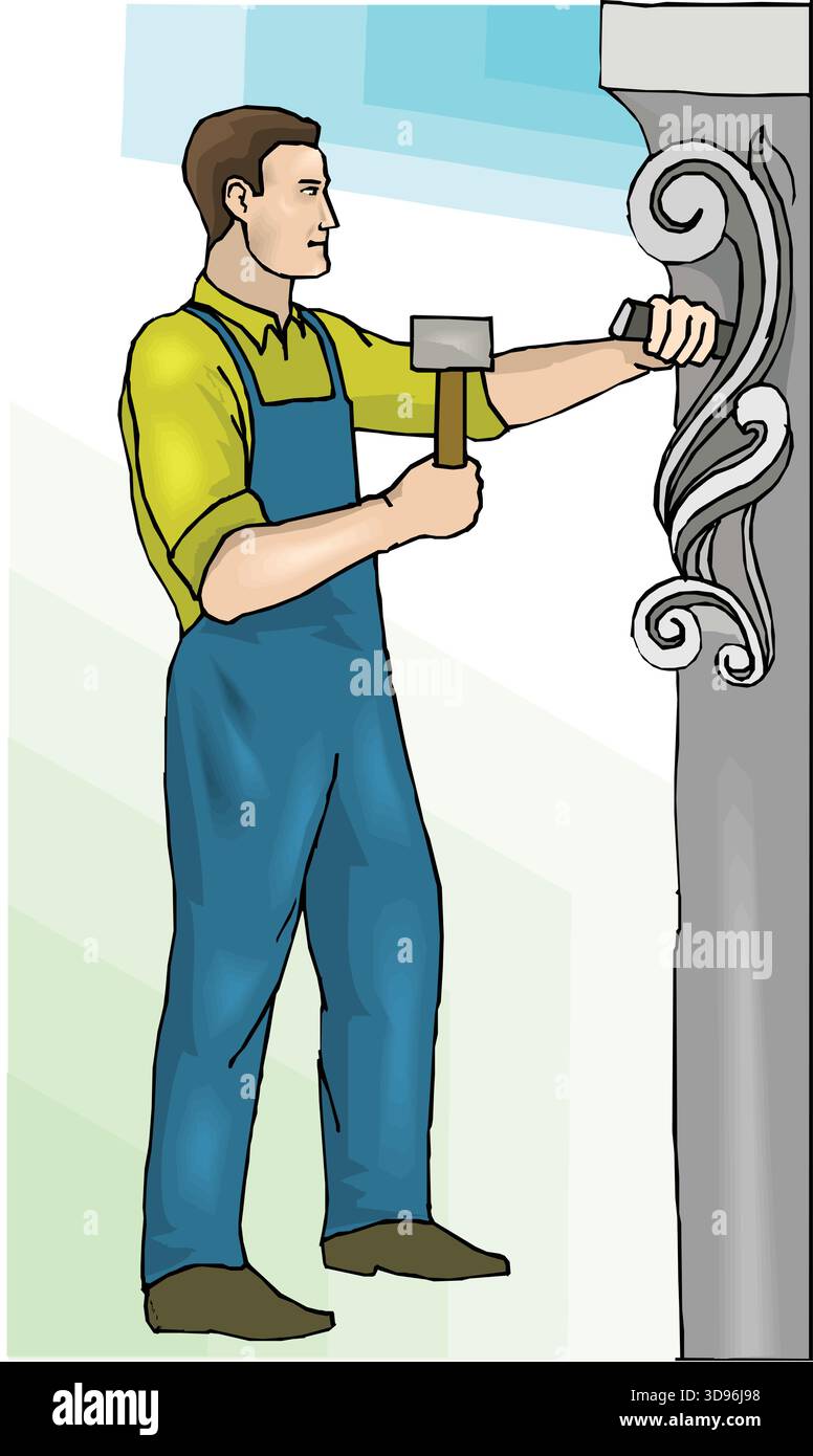 An illustration of a sculptor wearing overalls, using a hammer and ...