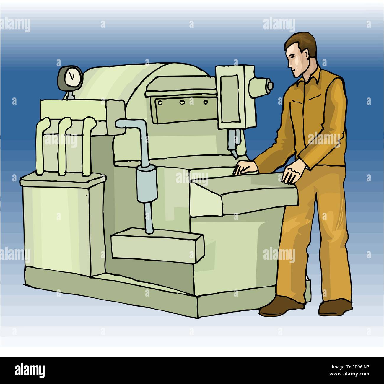illustration of a machinist operate a large industrial machine with ...