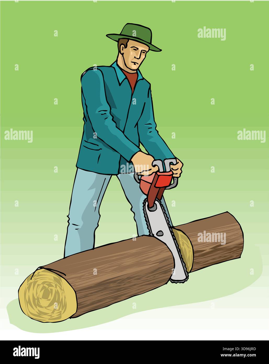 illustration of a lumberjack using a chainsaw to cut a log Stock Vector ...