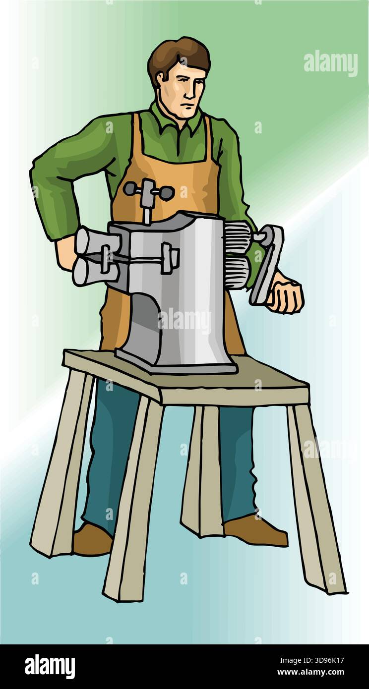 illustration of a worker is operating a grinding machine on a workbench ...