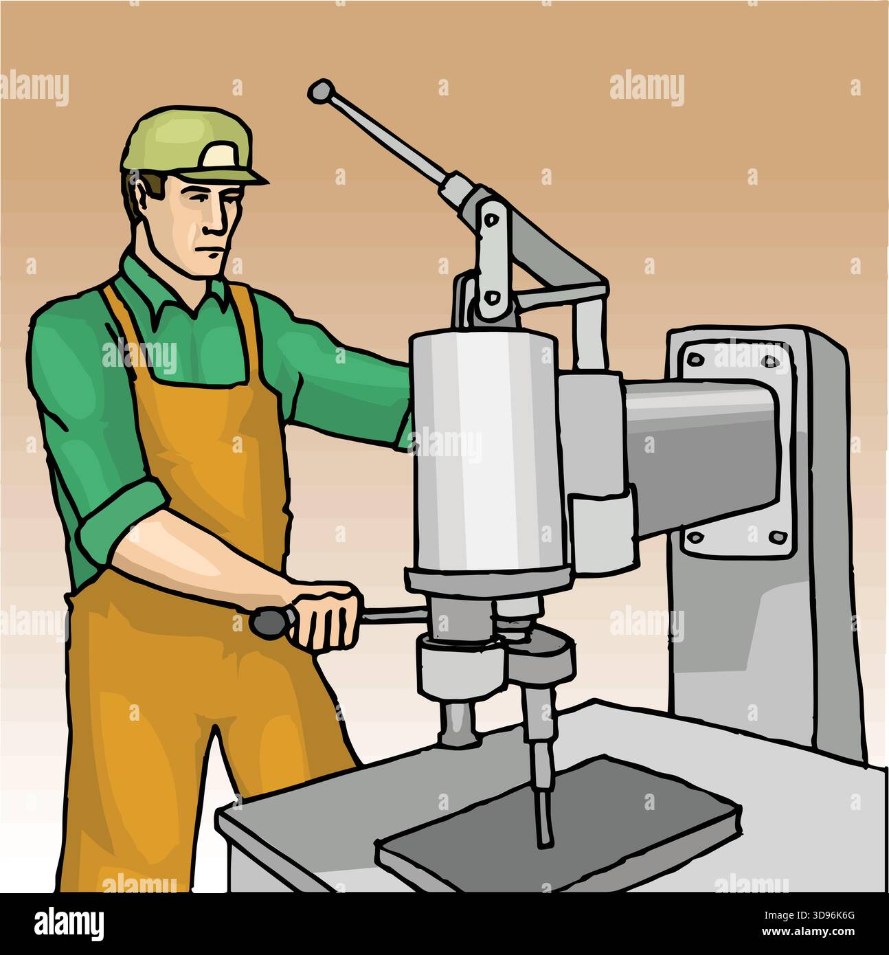 illustration of a worker is operating a drill press machine with a ...