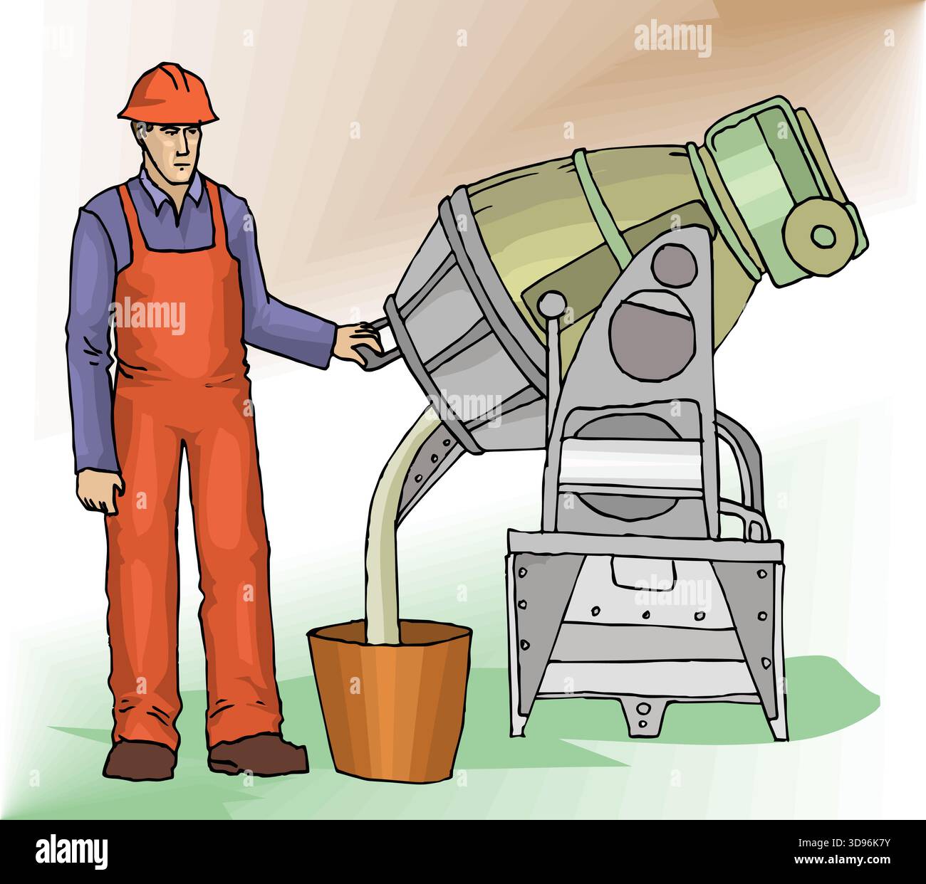 illustration of a worker is operating a cement mixer pouring concrete ...