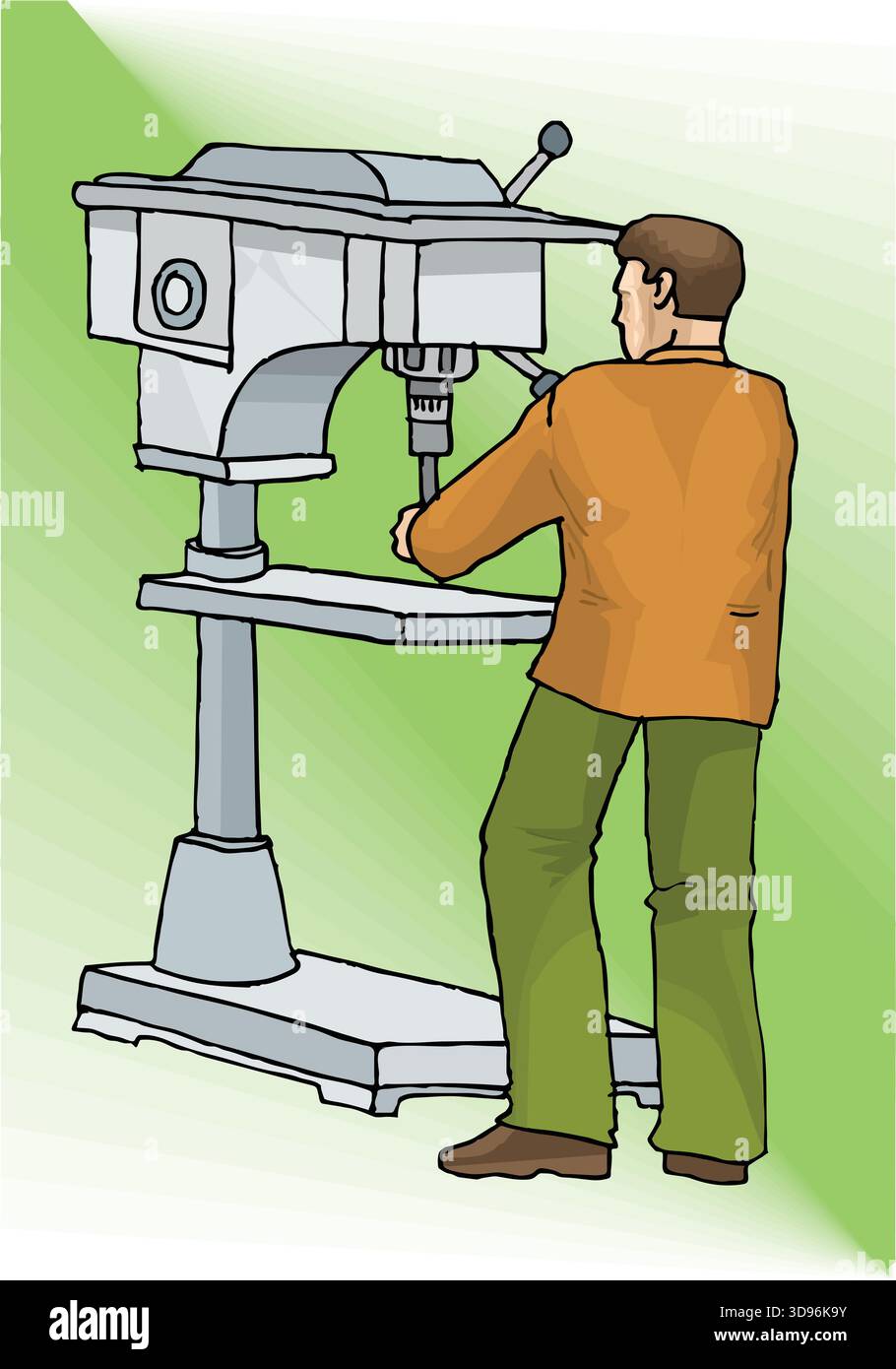 An abstract vector illustration shows of a Worker Operating Drill Press ...