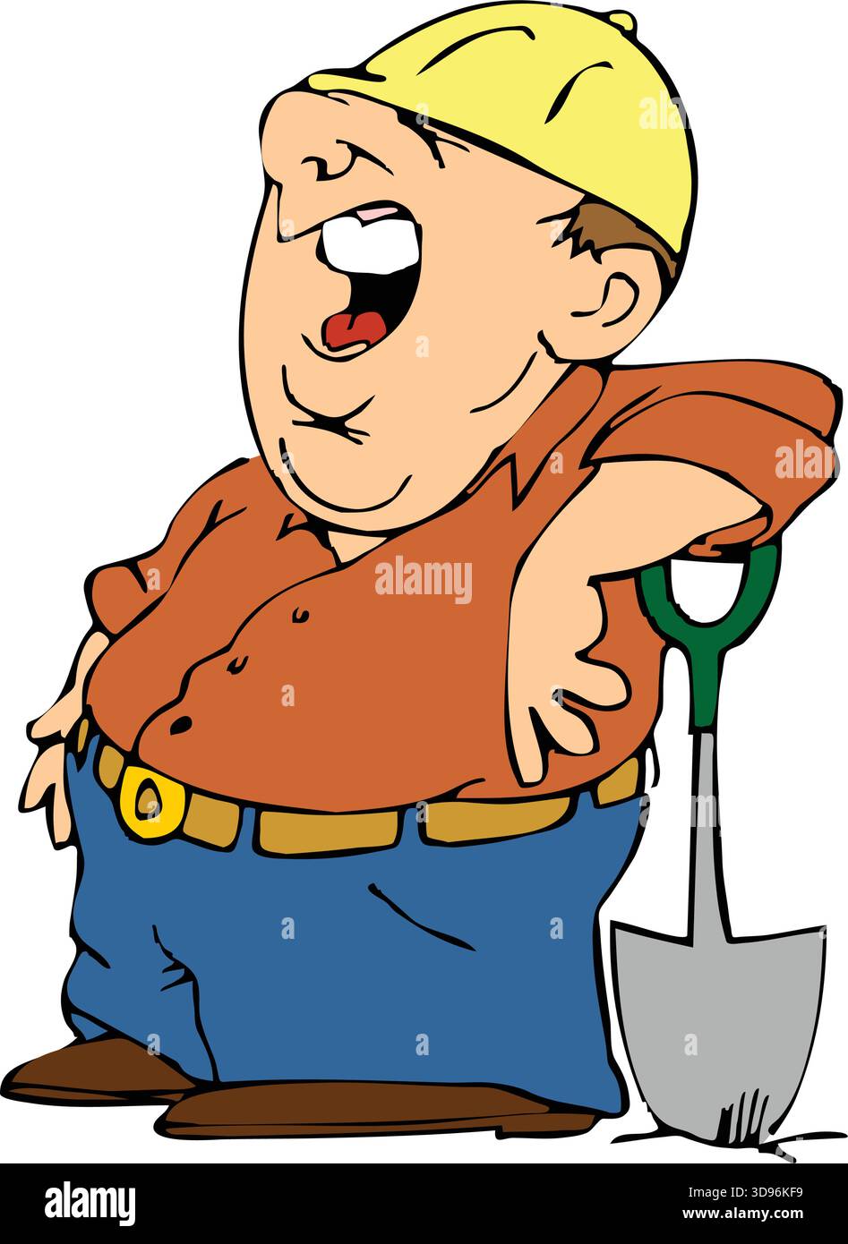 illustration of a yawning construction worker is leaning on a shovel ...