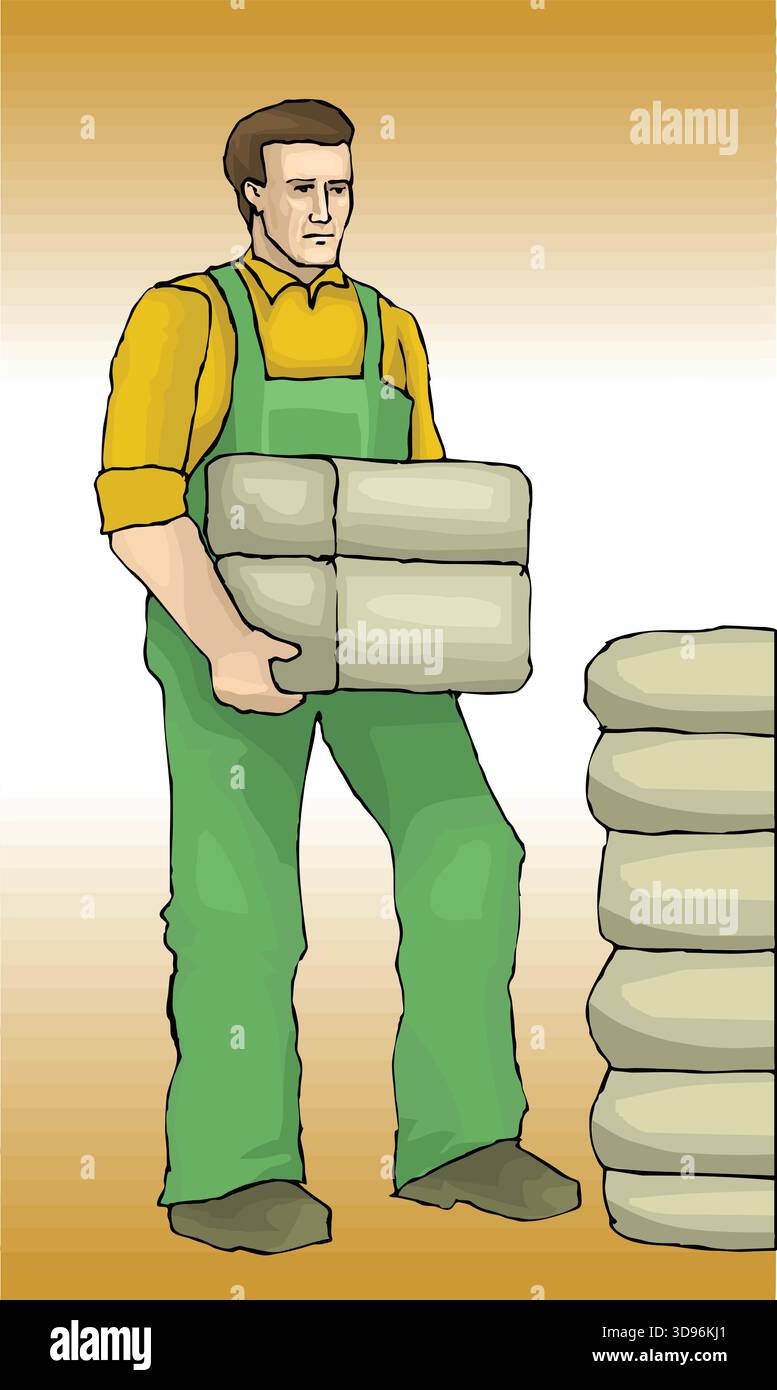 An abstract vector illustration shows of a Worker Carrying Bricks in a ...