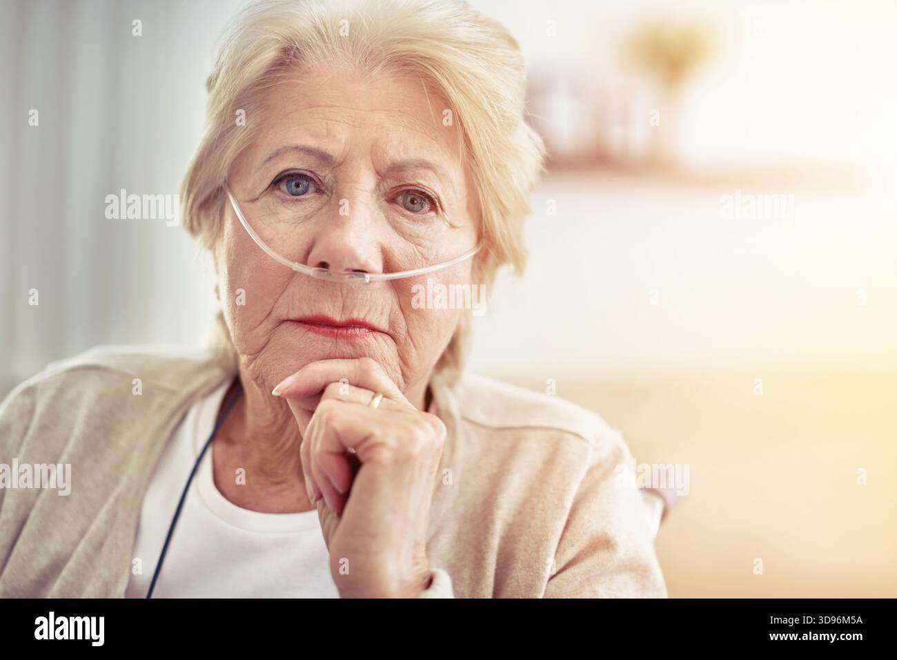 Portrait, old woman and breathing tube in home for lung oxygen, ARDS ...