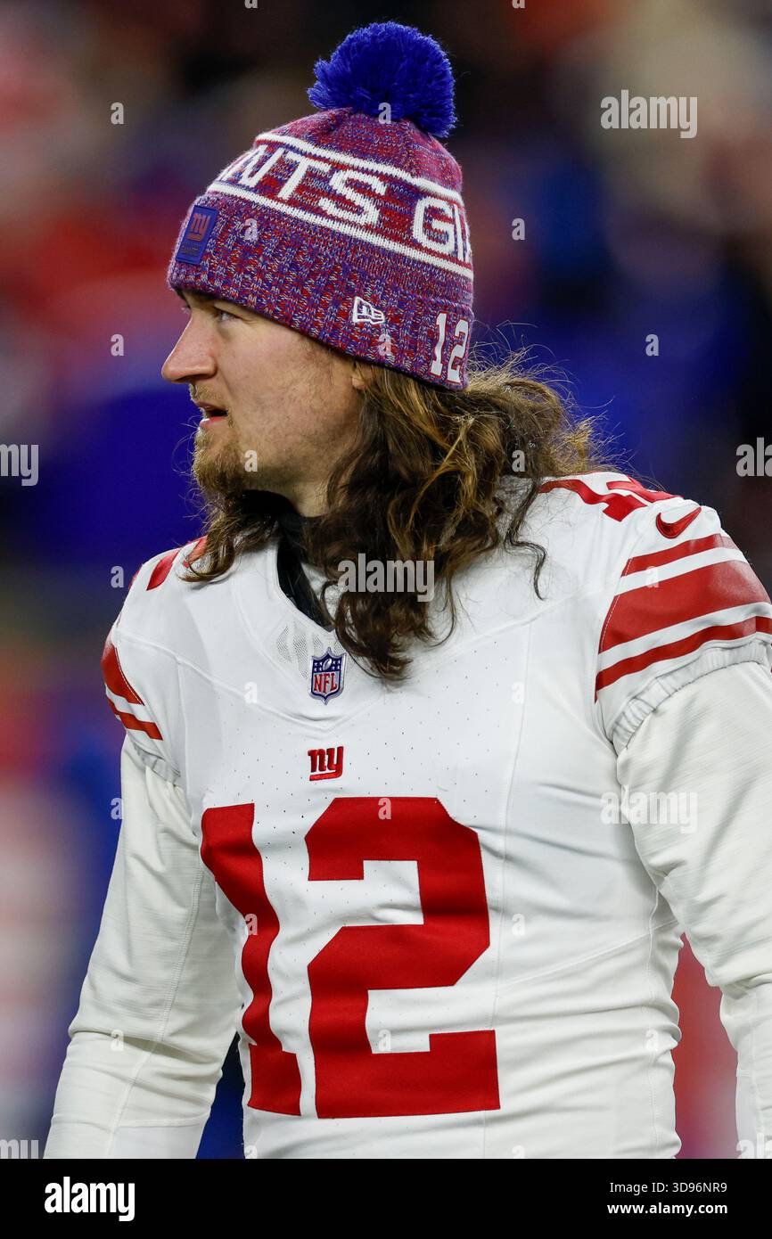 New York Giants punter Jamie Gillan (12) reacts during the first half ...