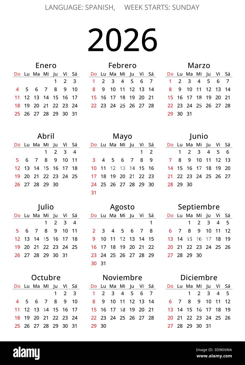 2026 spanish calendar. Week starts Sunday. isolated illustration. Spain ...