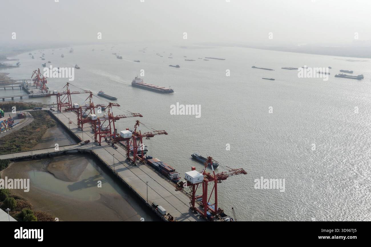 Aerial photo shows the busy container terminal at Yangzhou Port in ...