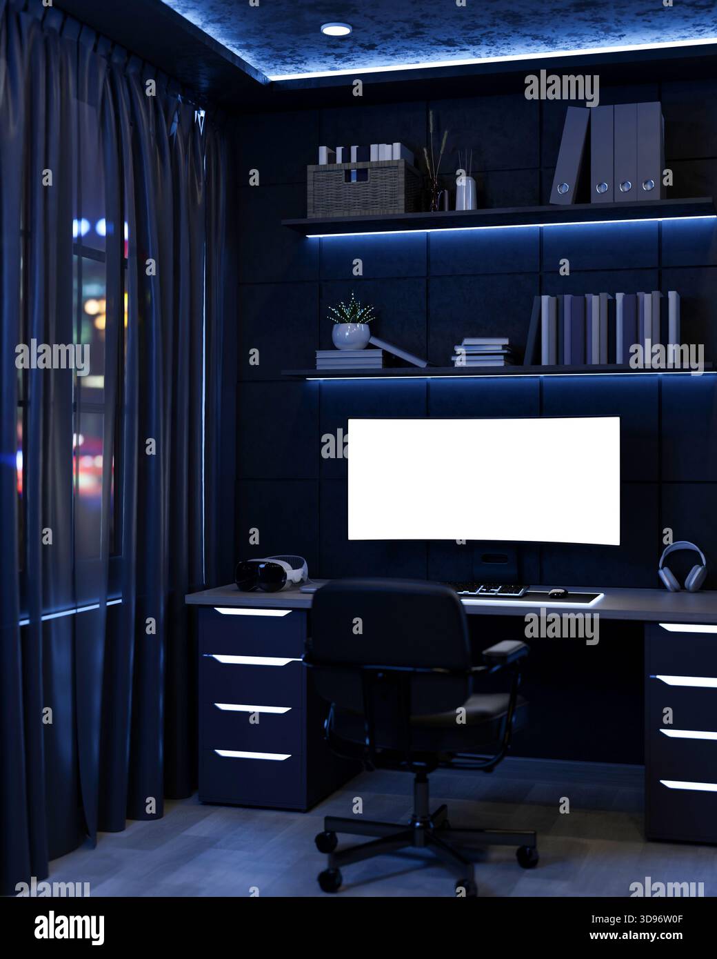 White screen computer and headset on drawer table with neon blue ...