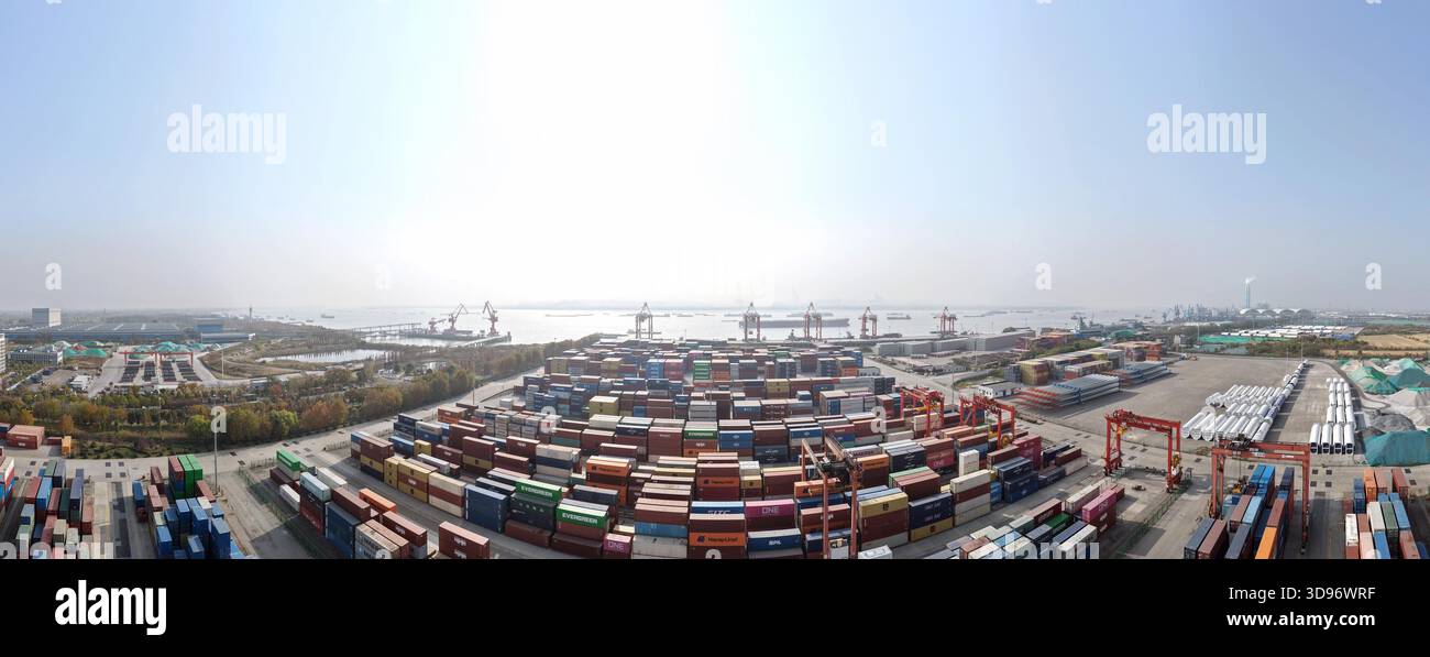 Aerial photo shows the busy container terminal at Yangzhou Port in ...