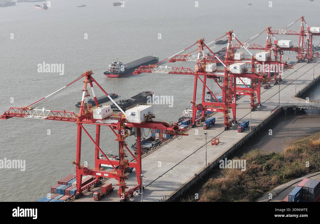 Aerial photo shows the busy container terminal at Yangzhou Port in ...