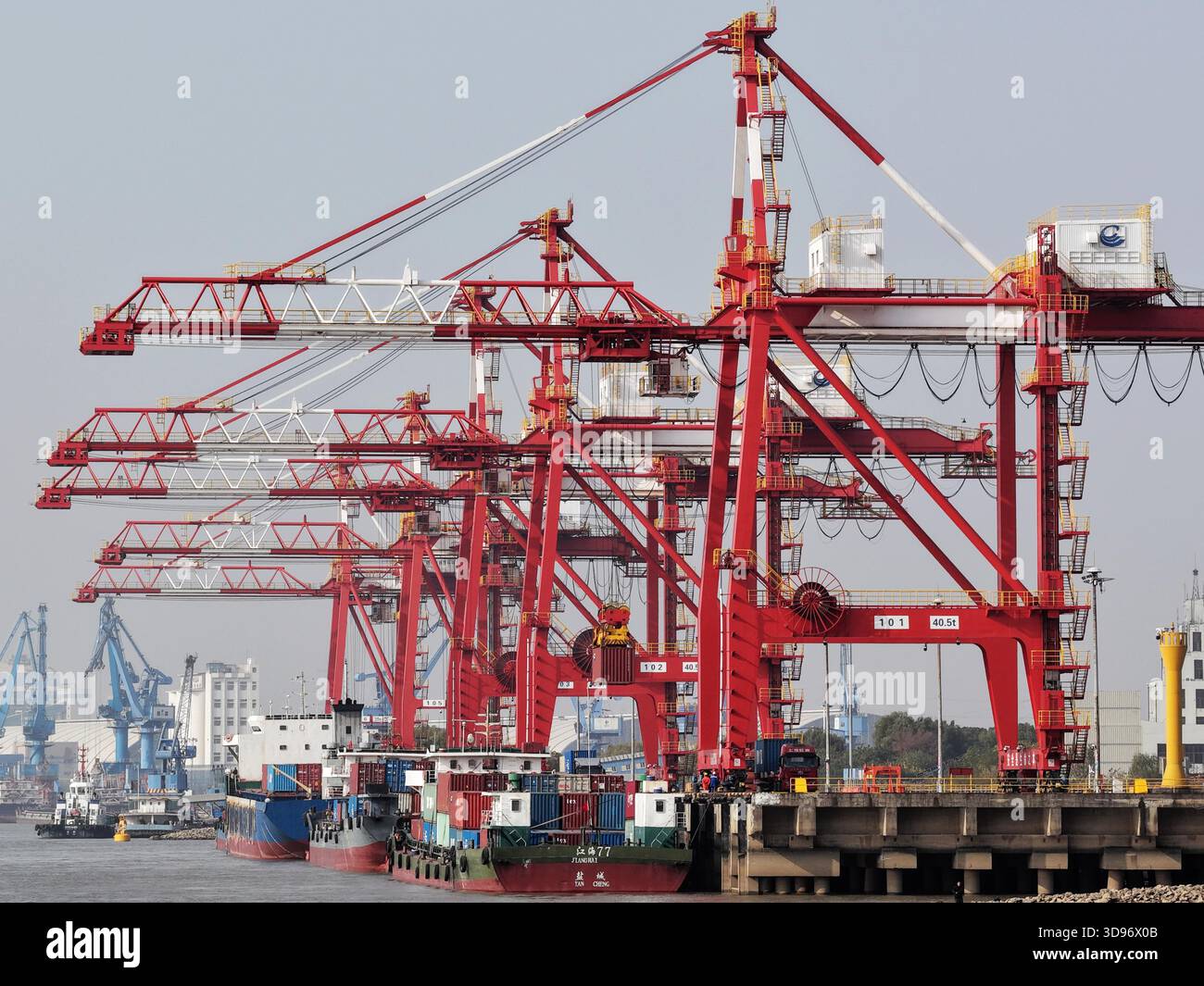 Aerial photo shows the busy container terminal at Yangzhou Port in ...