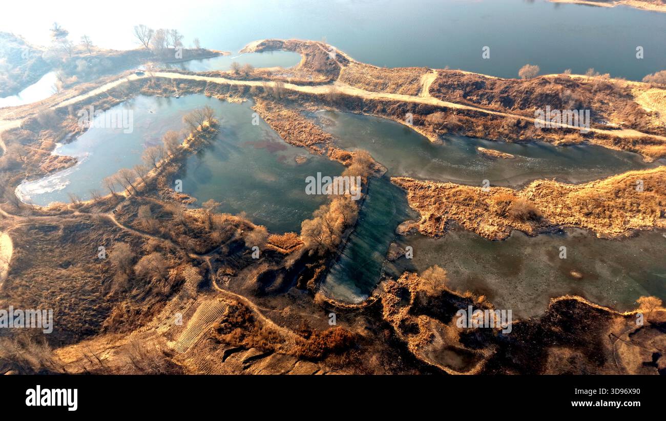 Aerial photo shows the winter scenery of the Hun River in Shenyang City ...