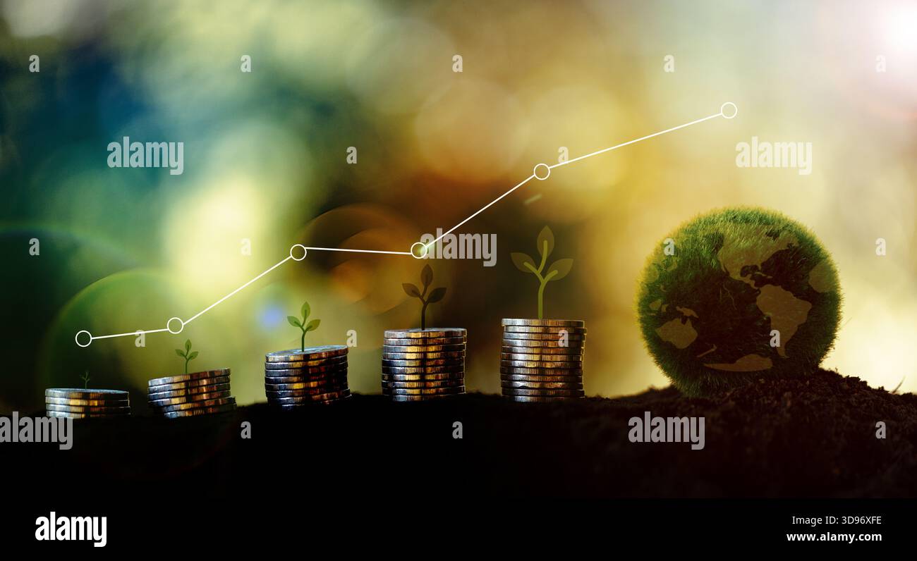 Plants grow on stacked coins, Renewable energy generation is essential ...