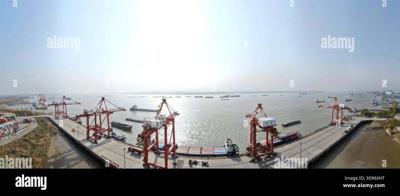 Aerial photo shows the busy container terminal at Yangzhou Port in ...