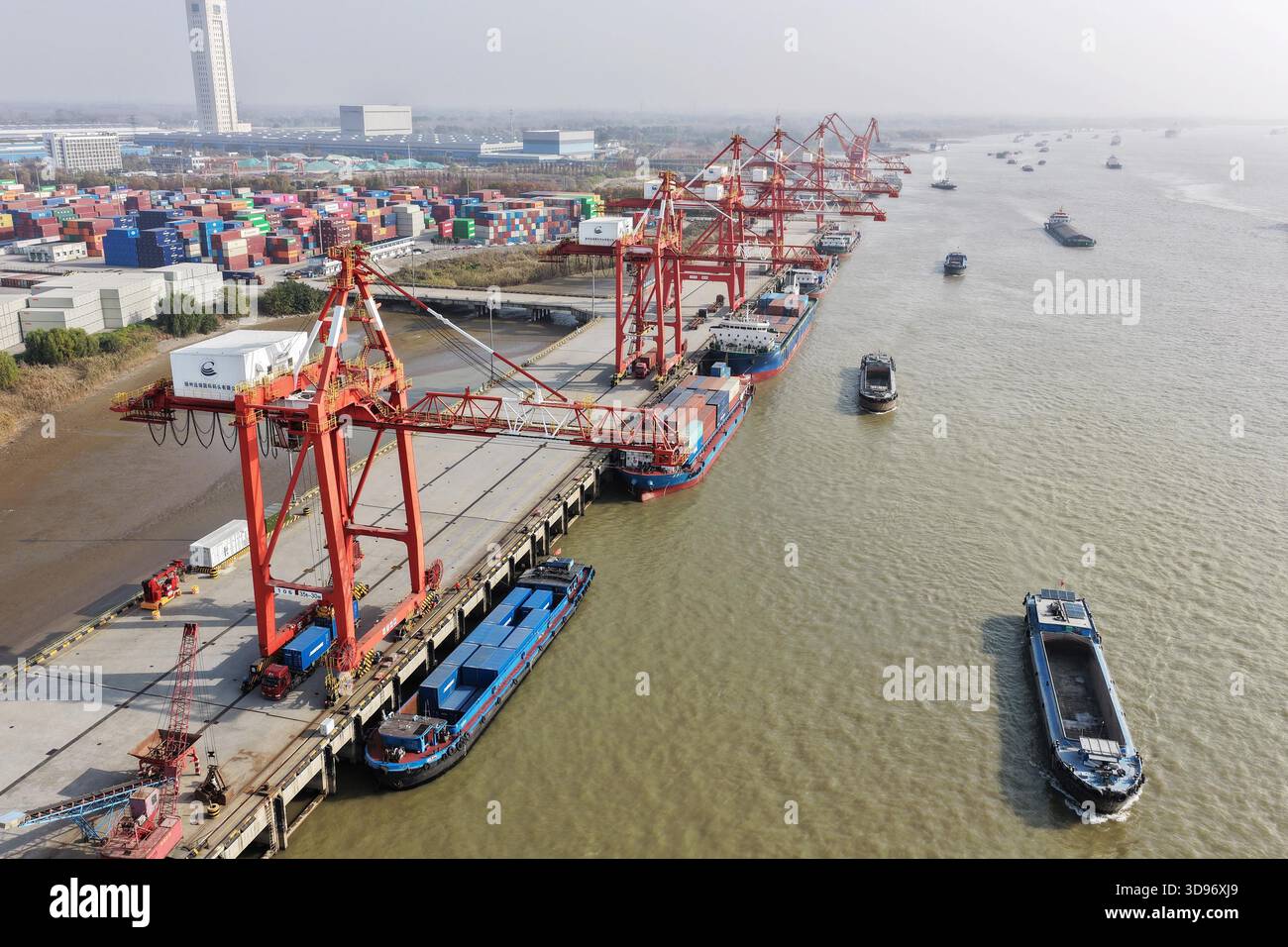 Aerial photo shows the busy container terminal at Yangzhou Port in ...