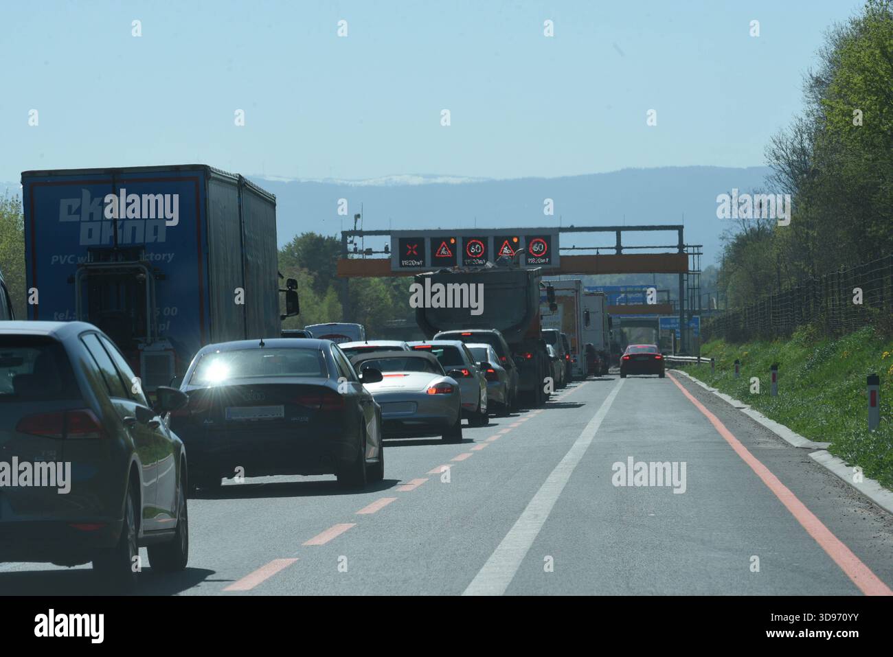Freeway or highway traffic jam, waiting in the car on the road Freeway ...