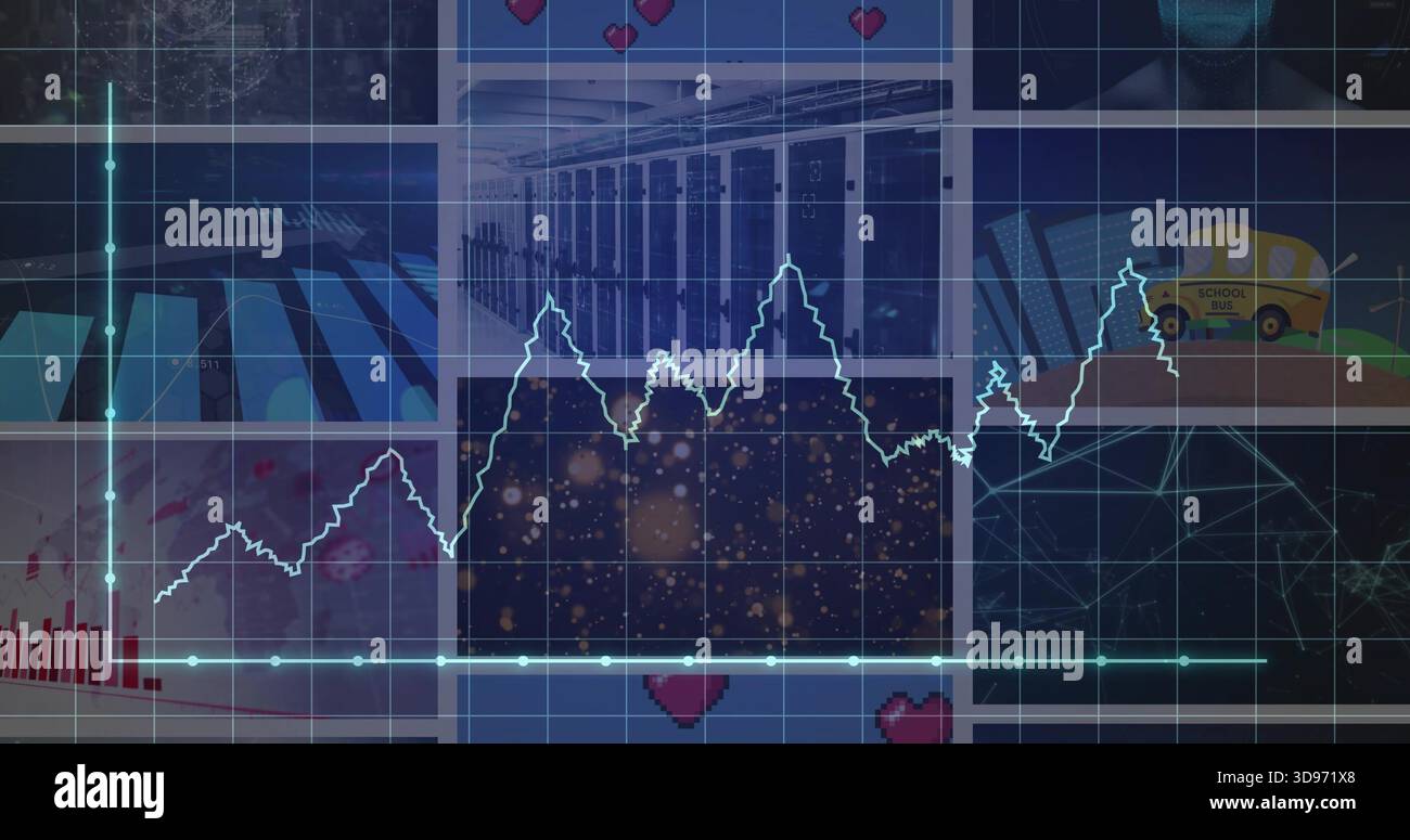 Displaying neon cyan line chart pulsing across dashboard, with glowing ...