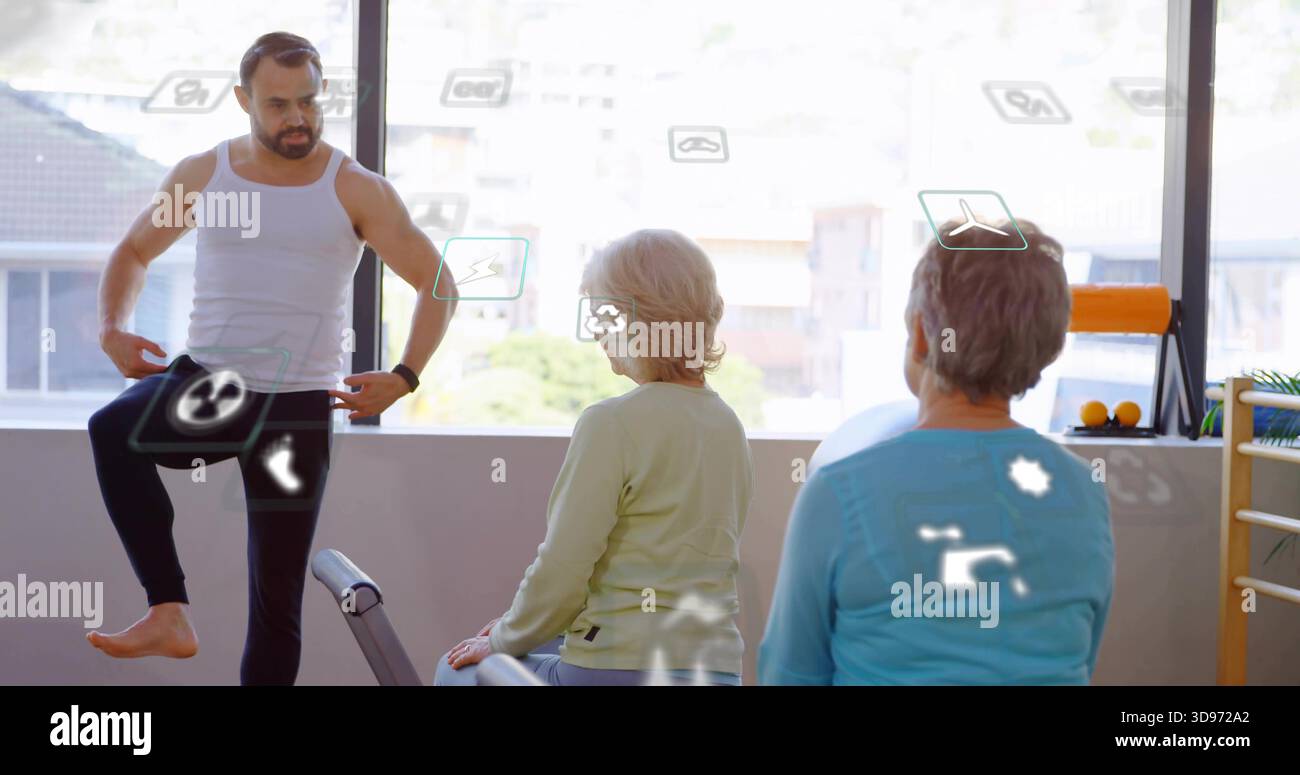 Balancing trainer in white tank showing one-leg balance in studio by ...