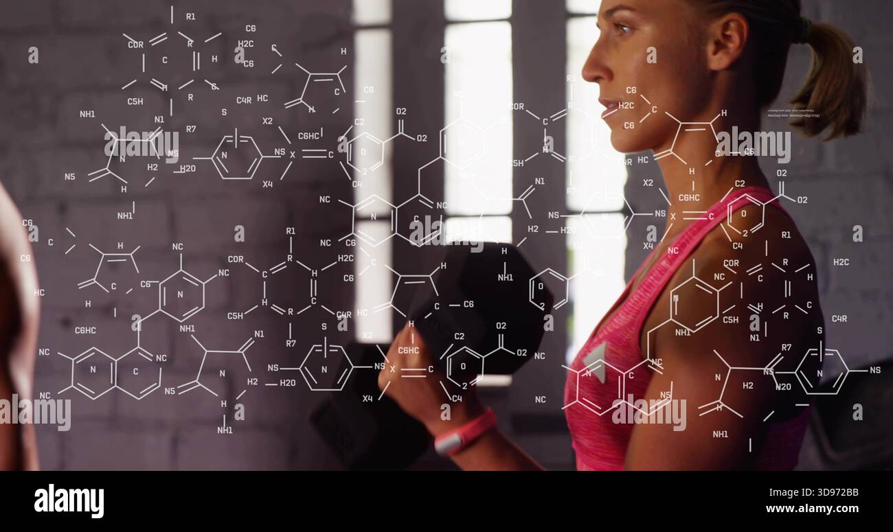Lifting woman in pink tank top at right at gym, holding hex dumbbell ...