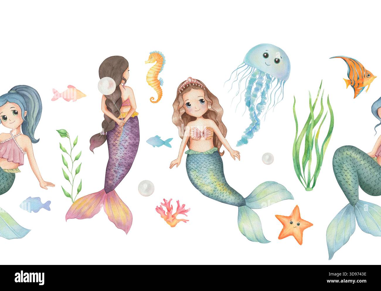 Watercolor seamless border with cute Little Mermaid, underwater animals ...