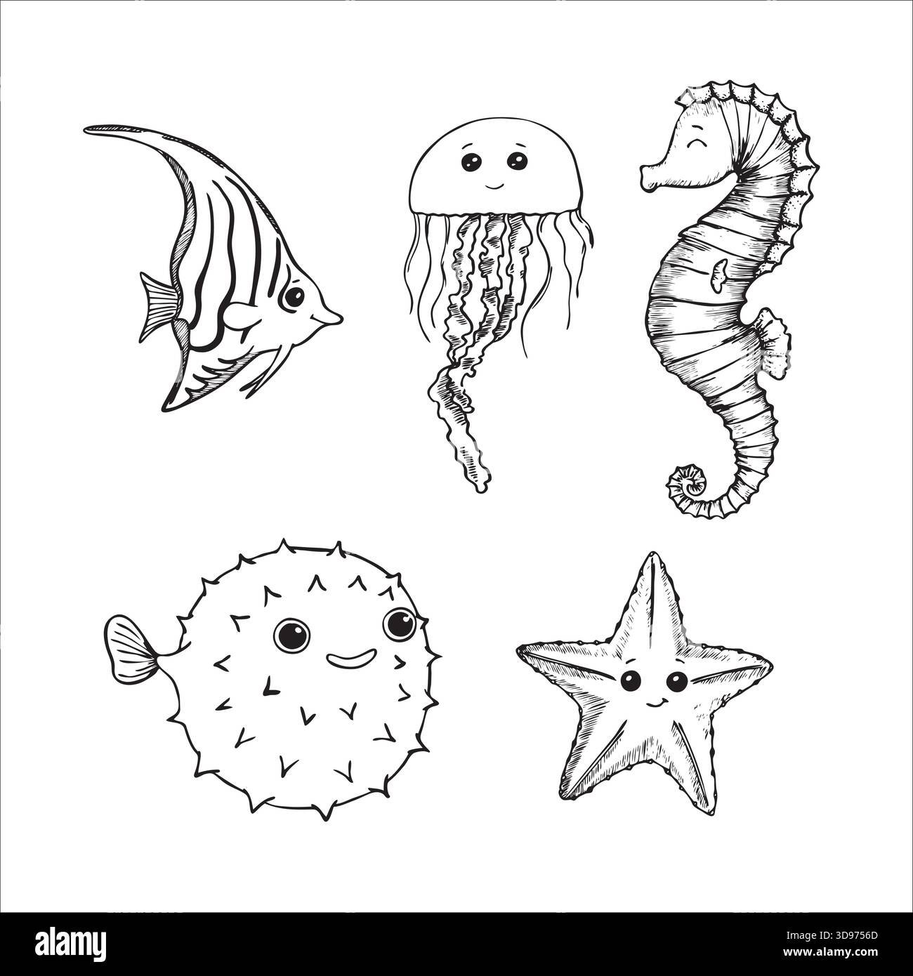 Set nautical cartoon doodle Black and White Stock Photos & Images - Alamy