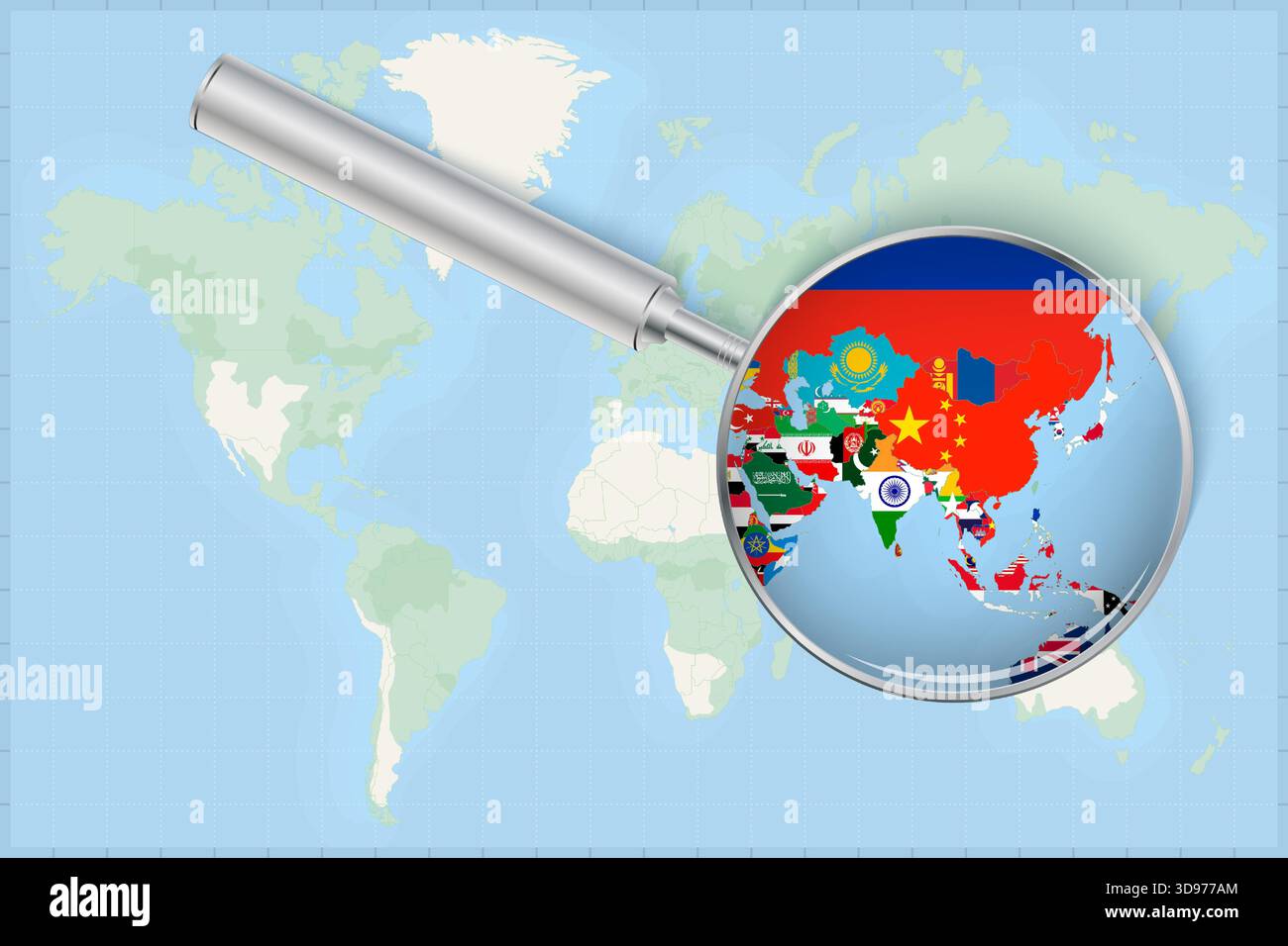 Focus on Asia: Magnified World Map with Flags. A magnifying glass ...