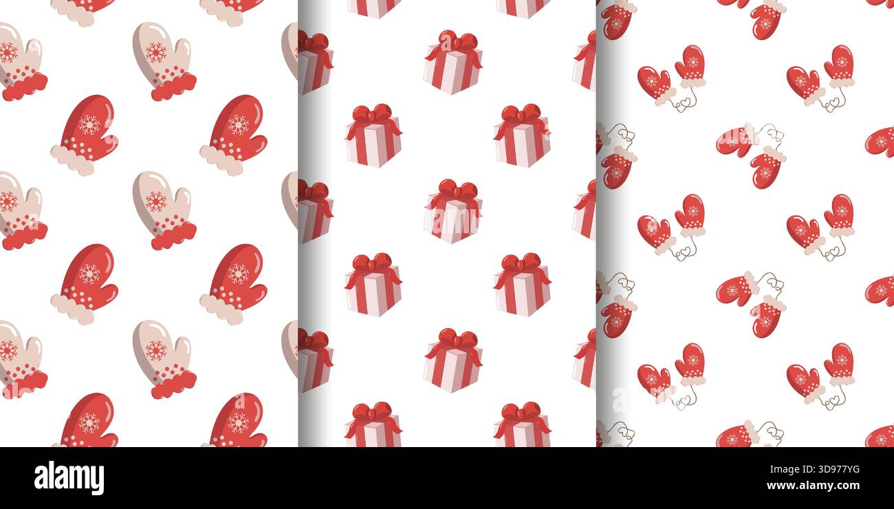 Three festive wrapping paper patterns red and beige mittens, pink gift ...