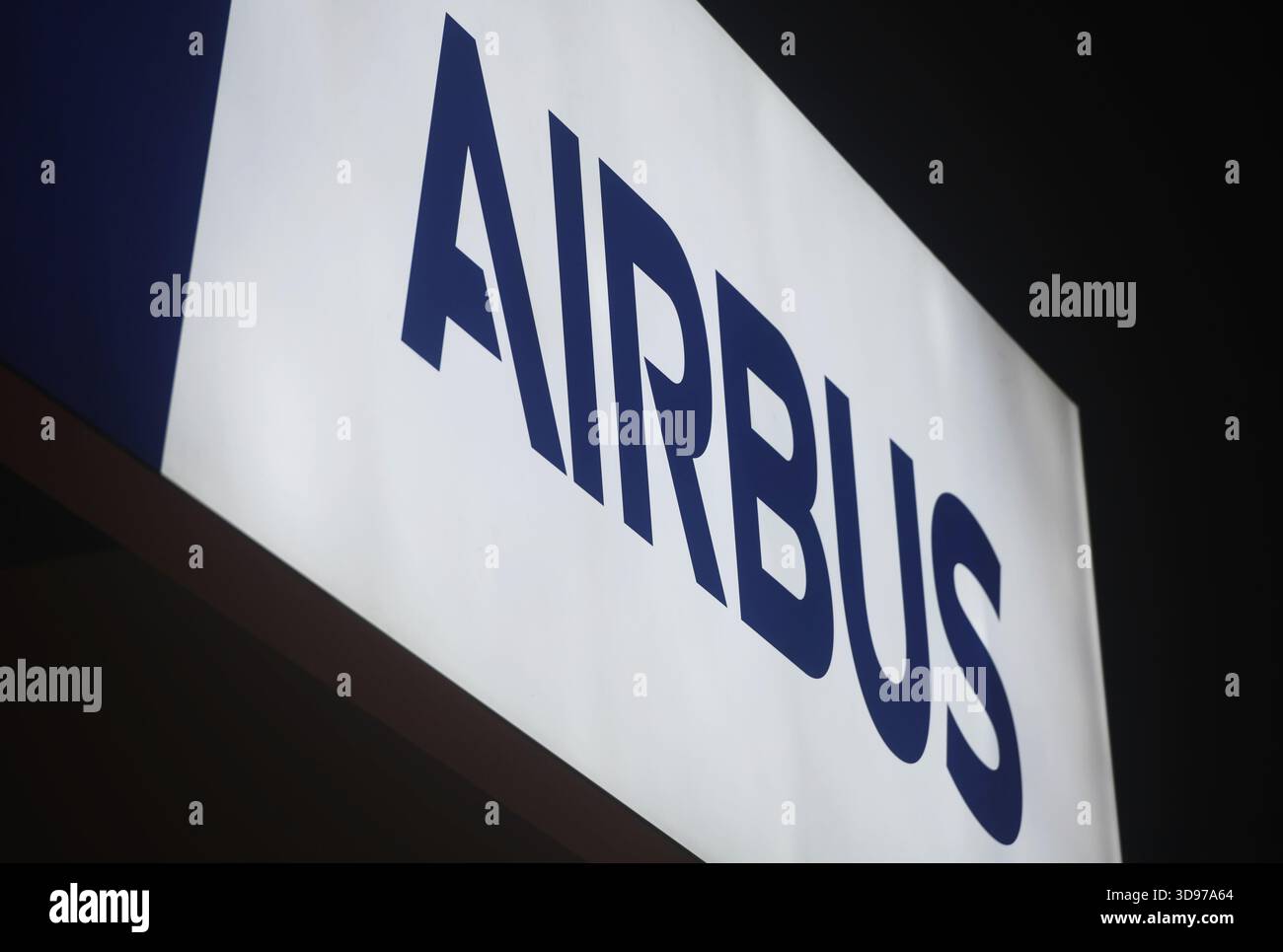 A view of the company logo at the booth of Airbus during an expo in ...