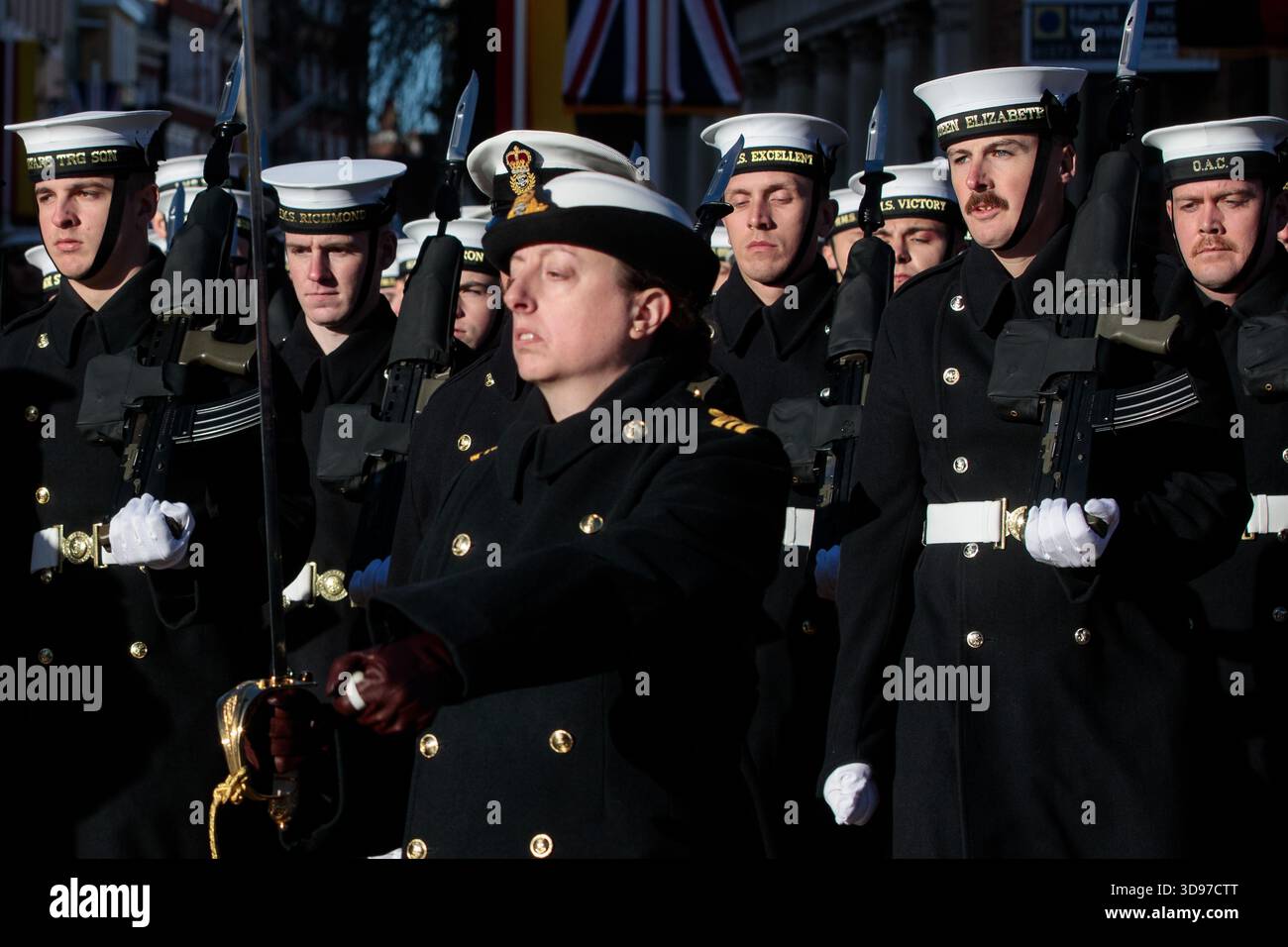 Windsor, UK. 3rd December, 2025. Royal Navy personnel march along ...
