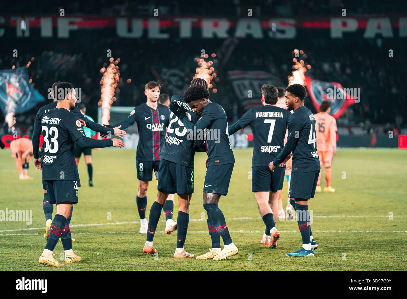 FOT Barcola (29 PSG) celebrating his goal with Ndjantou (47 PSG) after ...