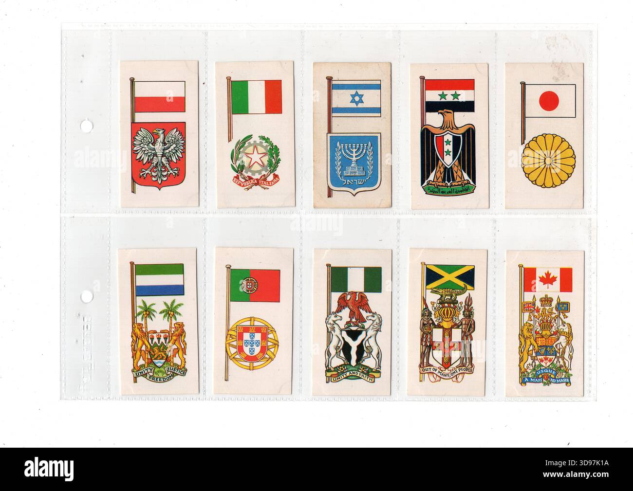 A display of vintage cards showing flags and emblems of the world Stock ...