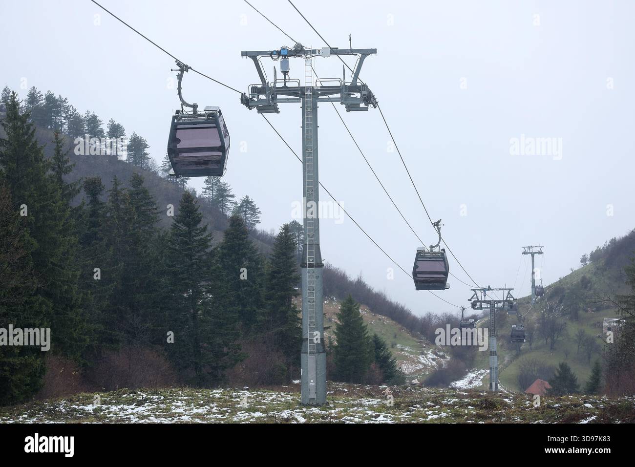 Cable car from Trebevic mountain carring passengers to Sarajevo in ...