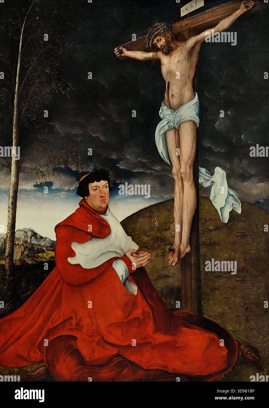 ALBRECHT OF BRANDENBURG KNEELING BEFORE CHRIST ON THE CROSS. 1520 LUCAS ...