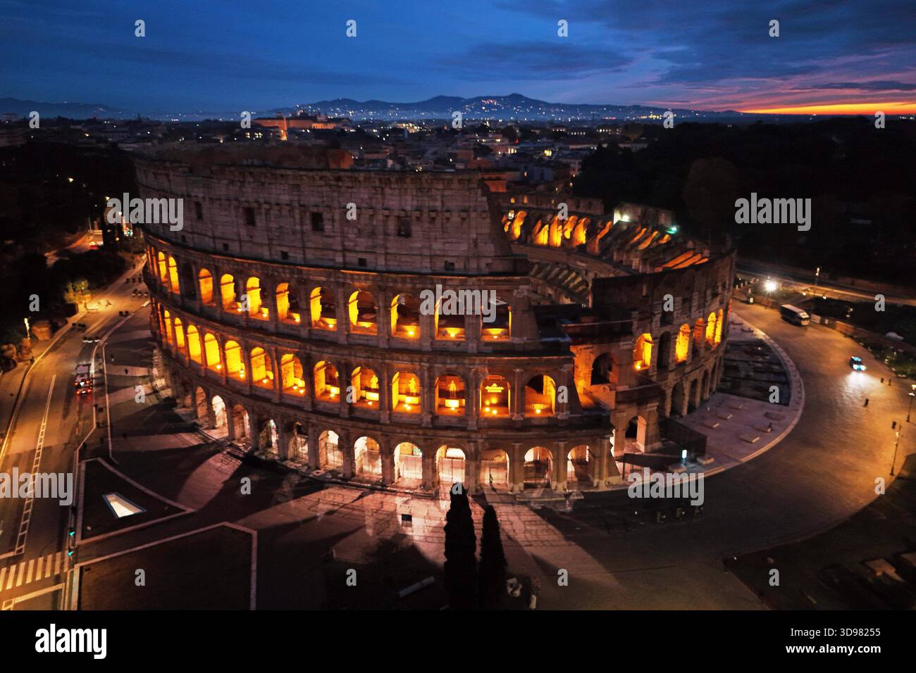 An aerial view of the Colosseum at sunrise, in Rome, Thursday, Dec. 4 ...